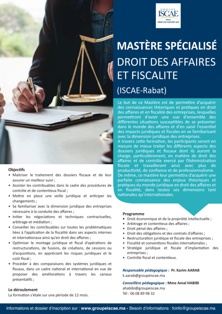 Mastère Spécialisé en Droit des Affaires et Fiscalité (ISCAE- RABAT ...